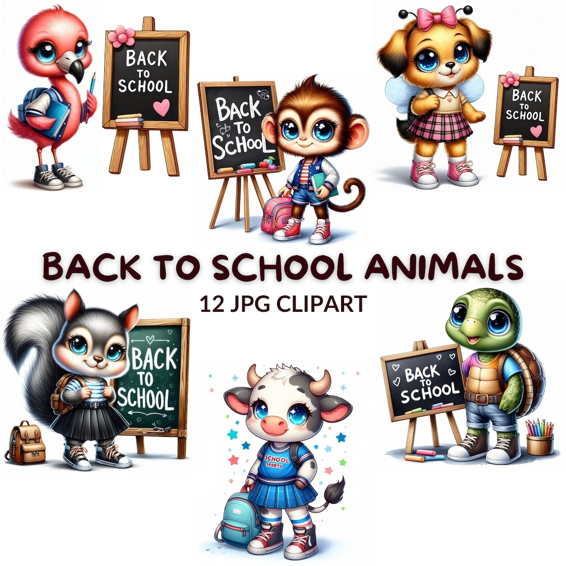 12 Watercolor Cartoon Back to School Animals Clipart Bundle, Cute ...