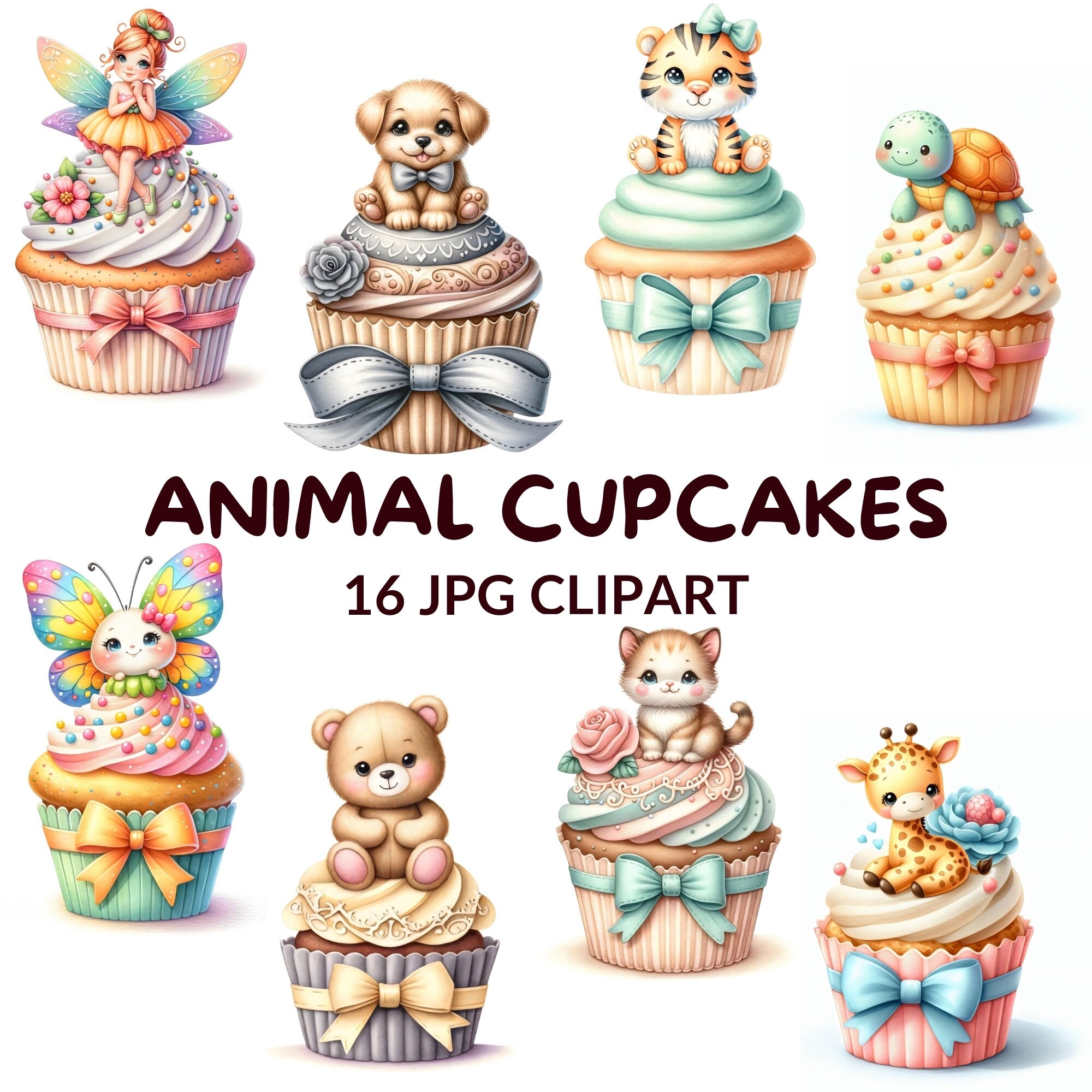 16 Watercolor Animal Cupcake Clipart Bundle, Cupcake PNG & JPG Files ...