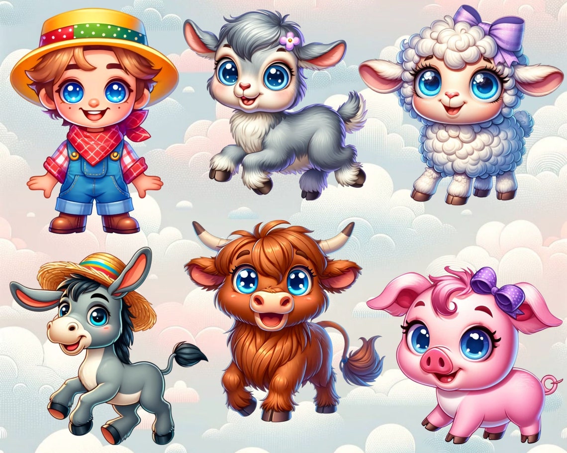 36 Digital Cartoon Farm Animals PNG, Clipart Bundle, Nursery Decor ...