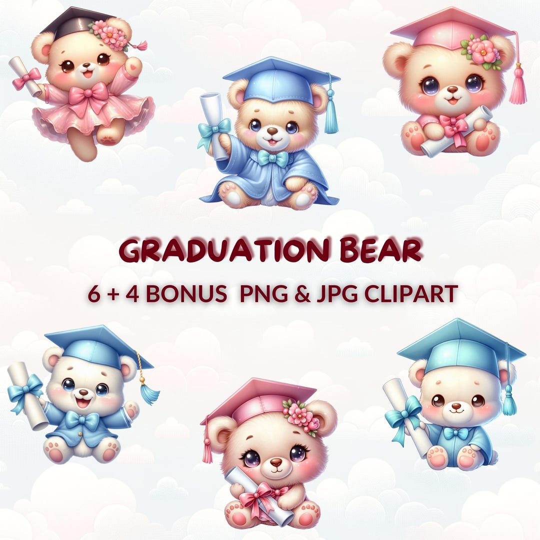 Graduation Bear Clipart Bundle, 6 Watercolor Cartoon PNG JPG, Graduate ...