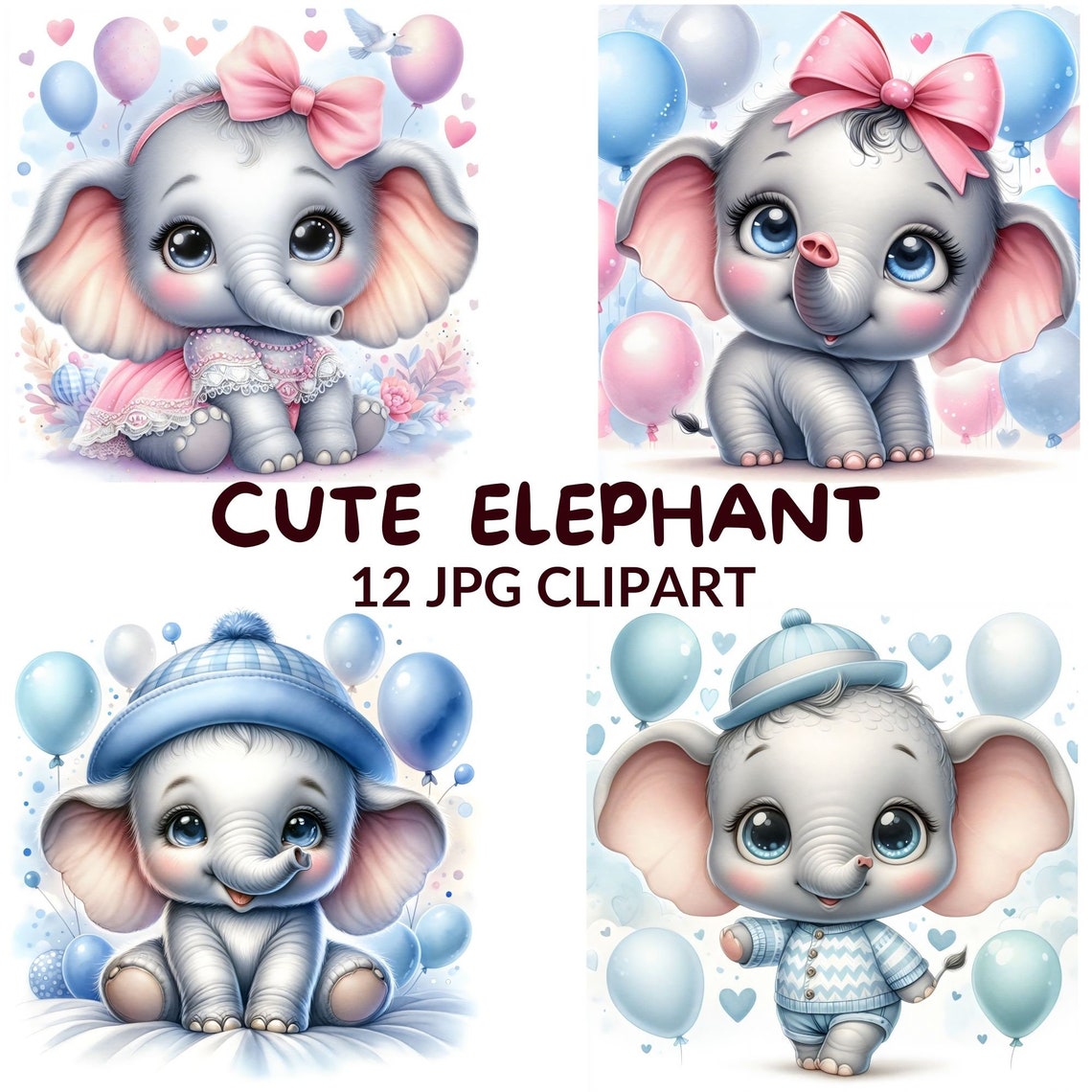 12 Watercolor Elephant Clipart Bundle, Cute Pink and Blue Elephant PNG ...