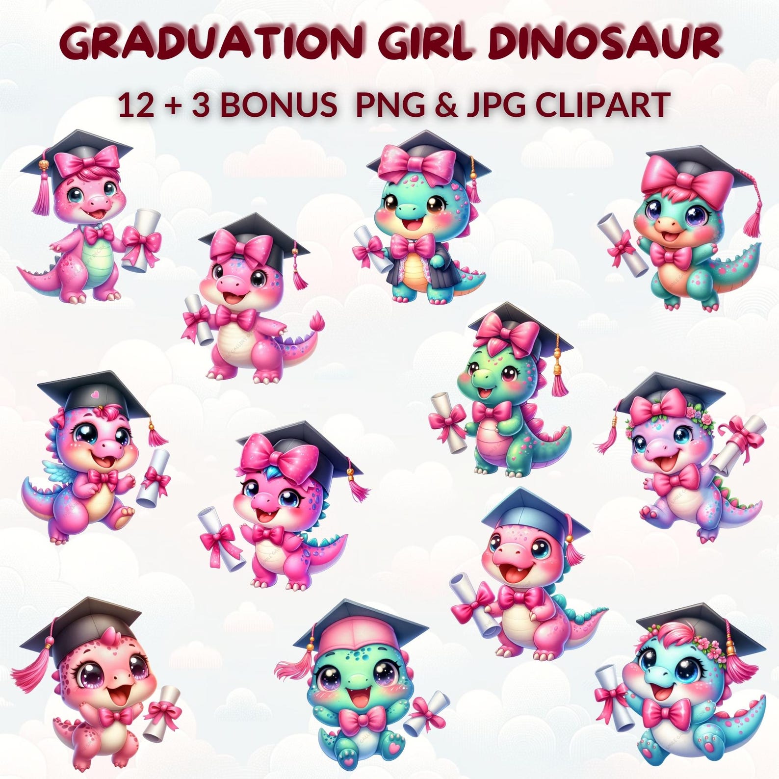 Graduation Girl Dinosaur Clipart Bundle, 12 Watercolor Cartoon PNG JPG ...