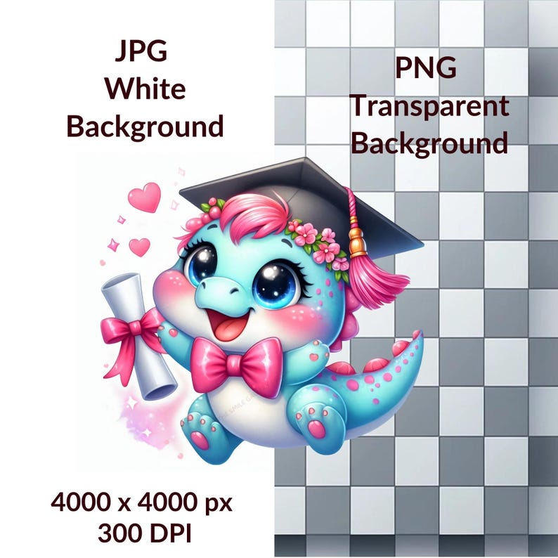 Graduation Girl Dinosaur Clipart Bundle, 12 Watercolor Cartoon PNG JPG ...