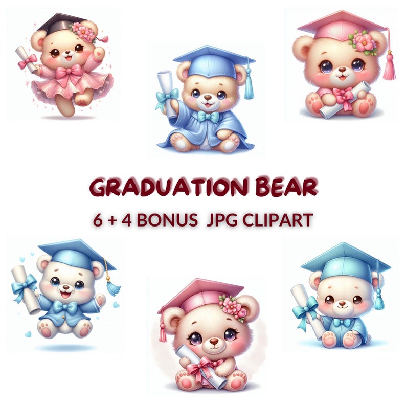 Graduation Bear Clipart Bundle, 6 Watercolor Cartoon PNG JPG, Graduate ...