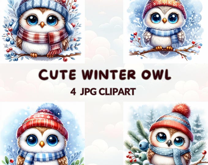 Winter Woodland Owl Clipart, Cute Forest Owl Clipart, Snowy Owl Clipart ...