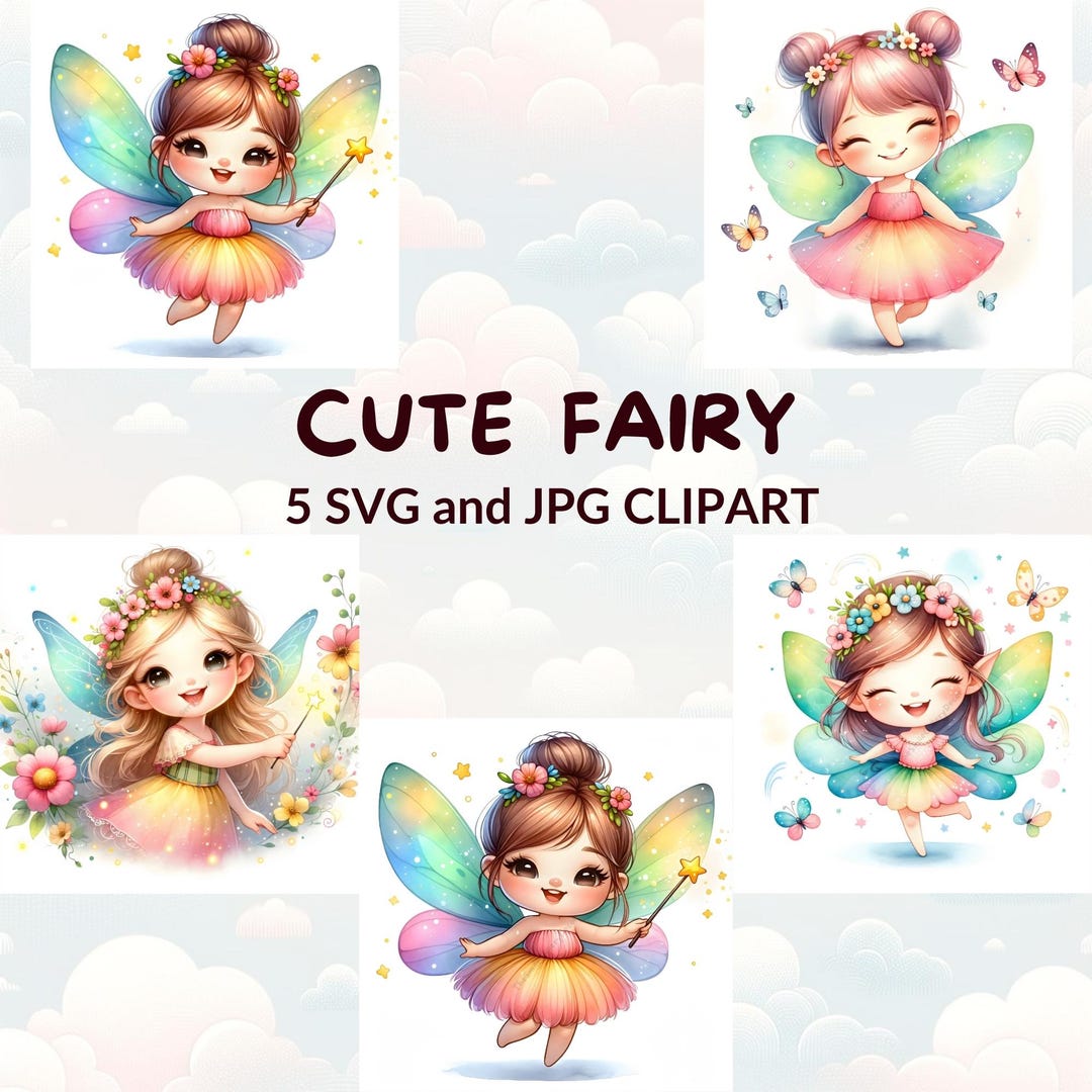 Watercolor Cute Fairies Clipart Bundle, 5 Fairy SVG & JPG Files ...