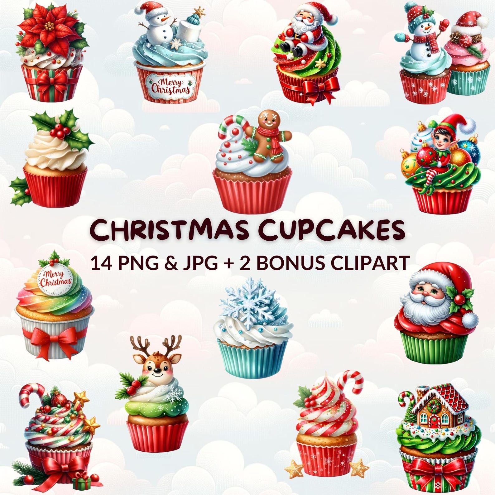 14 Christmas Cupcakes Clipart Bundle - Watercolor Cartoon Style ...