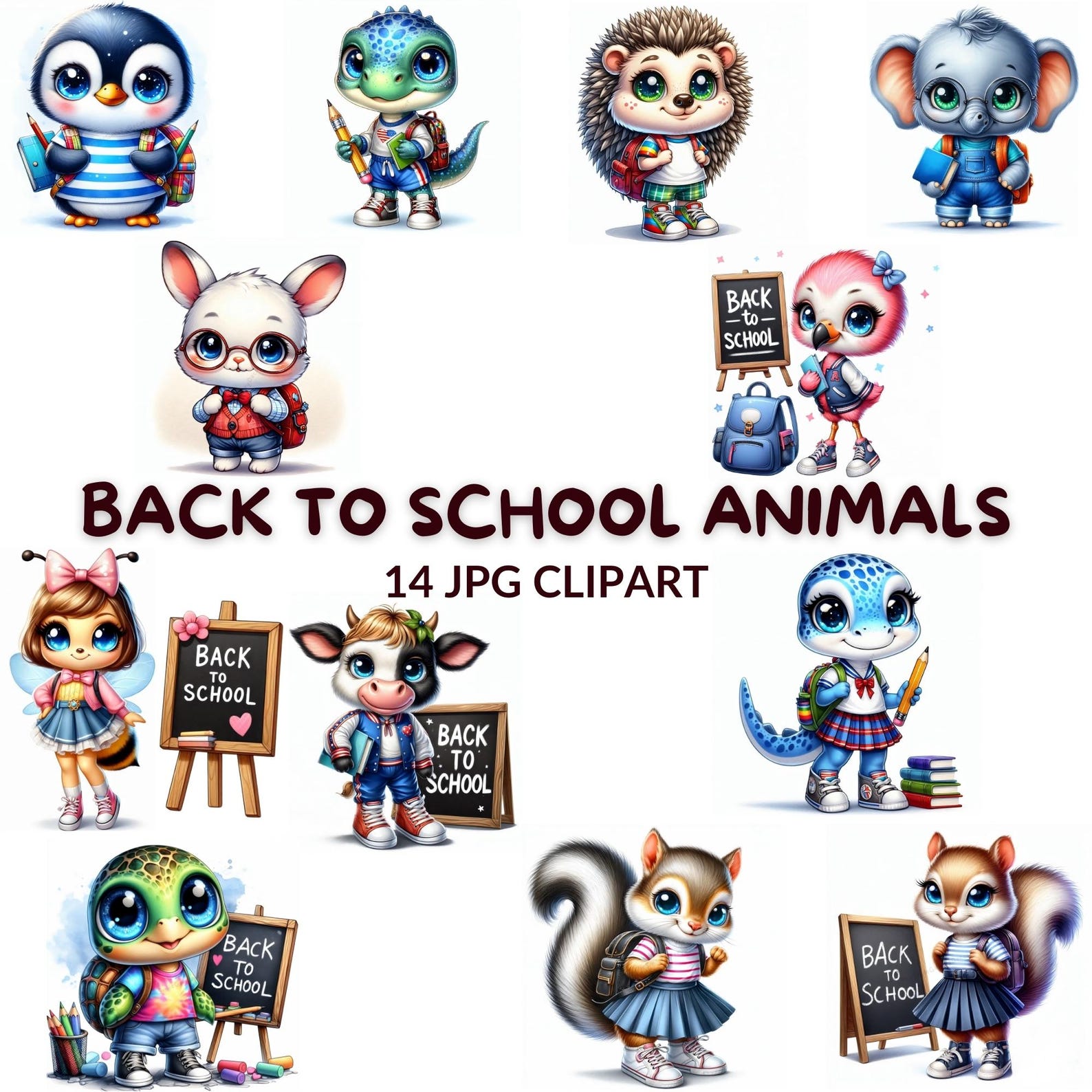 14 Watercolor Cartoon Back to School Animals Clipart Bundle, Cute ...