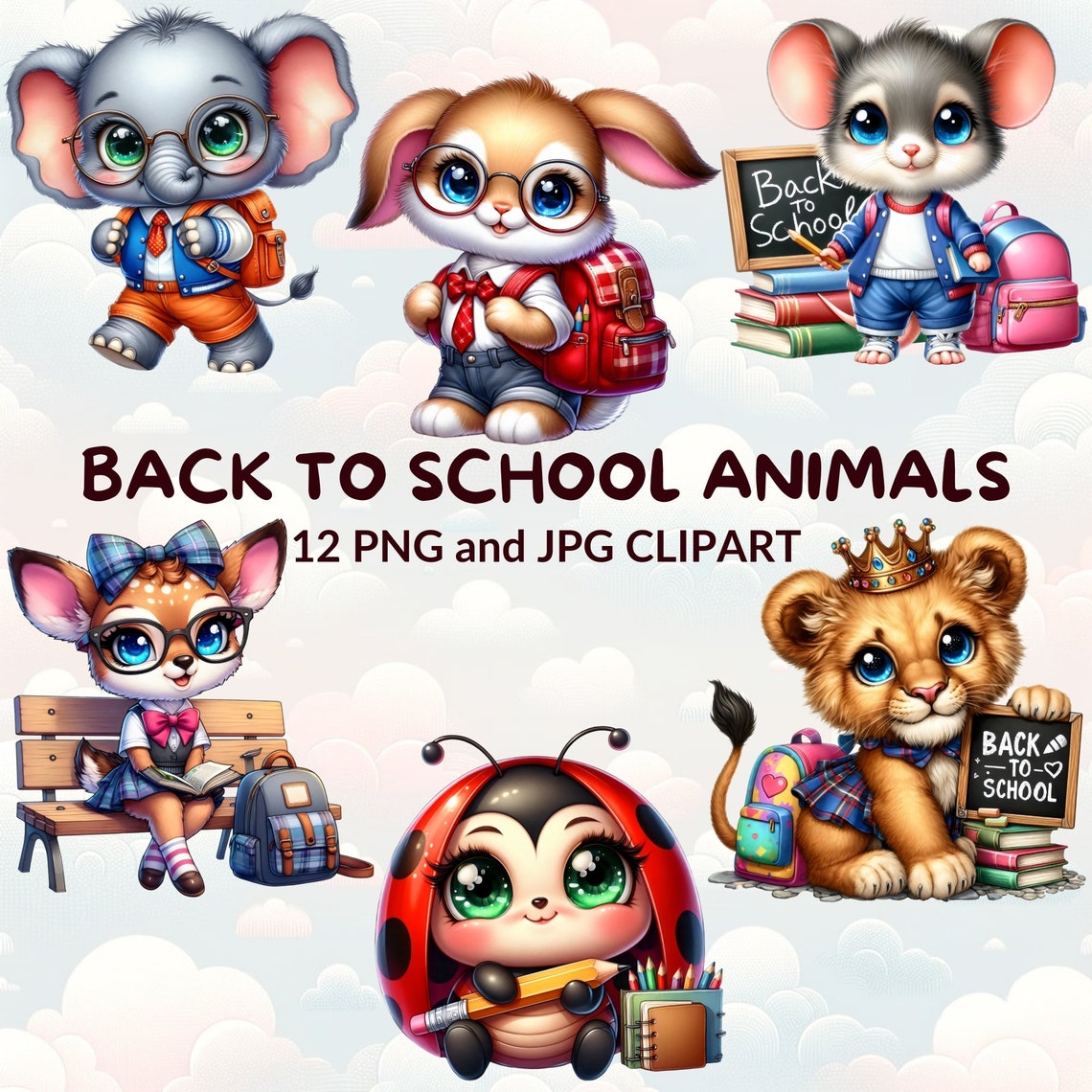 12 Watercolor Cartoon Back to School Animals Clipart Bundle, Cute ...