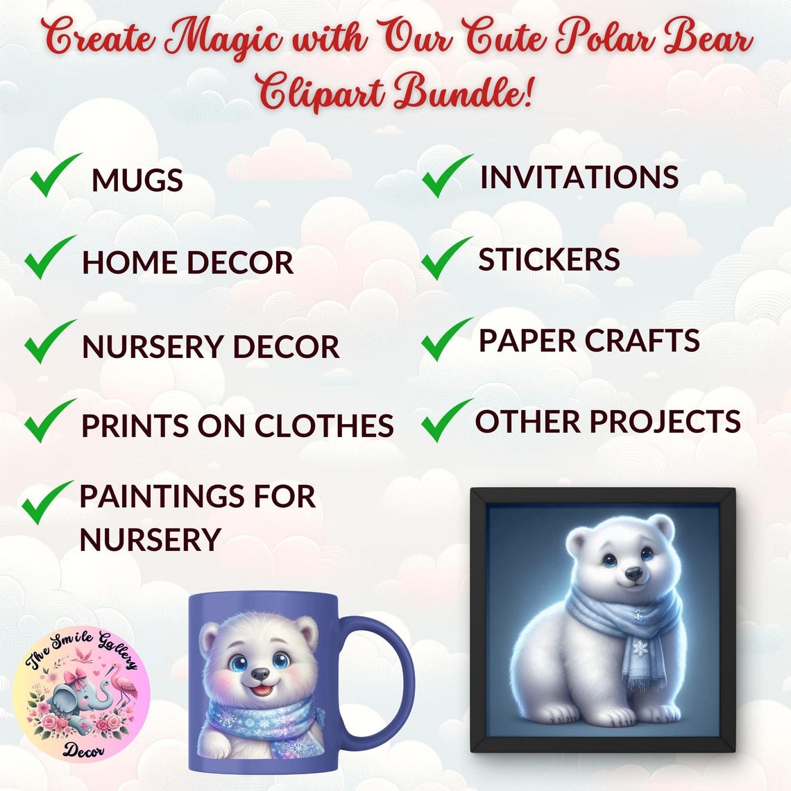 Cute Polar Bear Clipart Bundle, Watercolor Cartoon Bears, 12 PNG & JPG ...