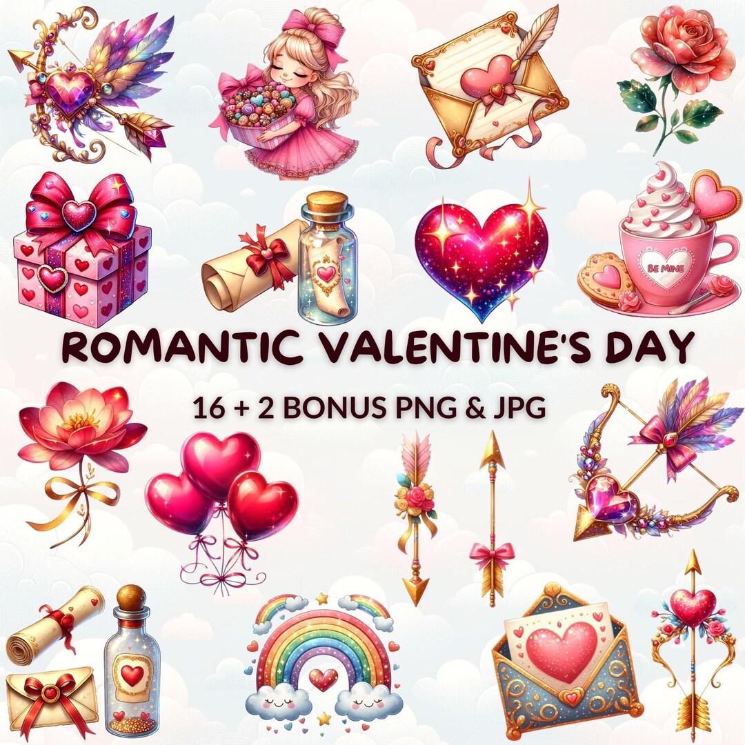 16 Watercolor Valentine’s Day Clipart, Hearts Roses Cupid PNG JPG ...