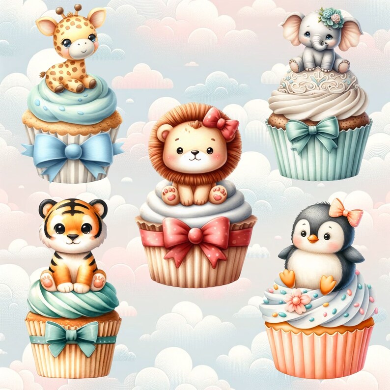16 Watercolor Animal Cupcake Clipart Bundle, Cute Dessert PNG, Jungle ...