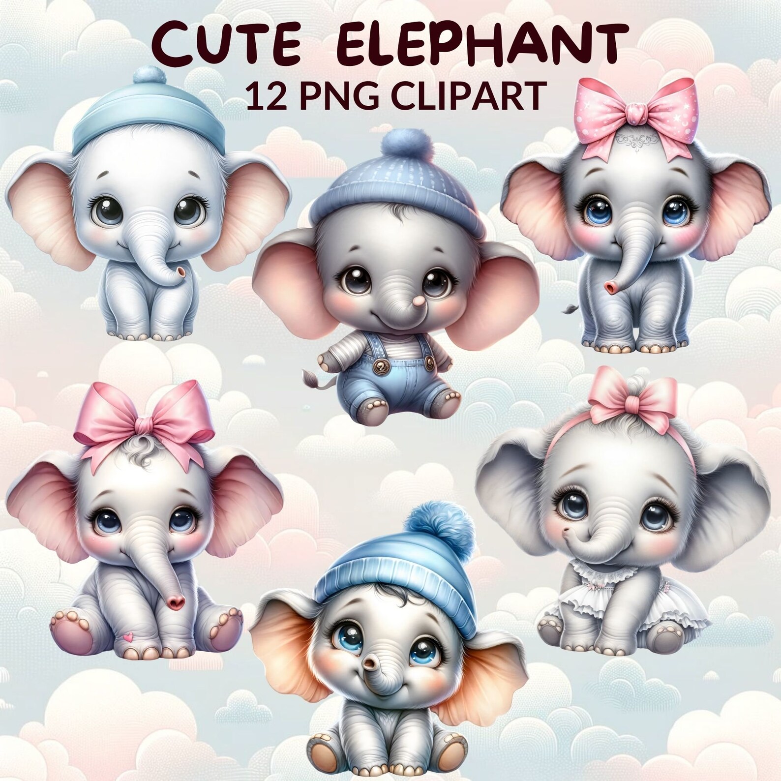 12 Watercolor Elephant Clipart Bundle, Cute Pink and Blue Elephant PNG ...