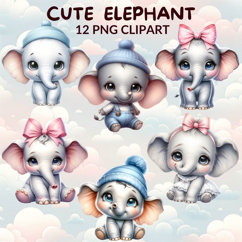 12 Watercolor Elephant Clipart Bundle, Cute Pink and Blue Elephant PNG ...