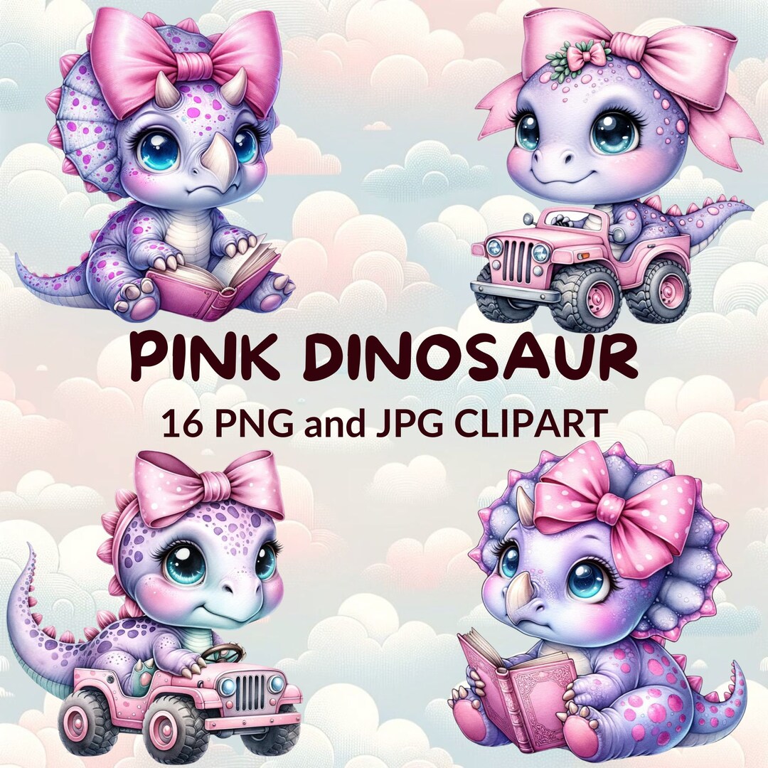 16 Watercolor Pink Dinosaur Clipart Bundle, Cute Dino, Triceratops PNG ...
