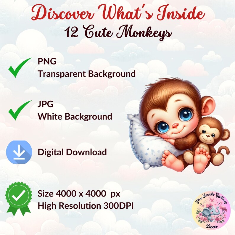 12 Cute Monkey Clipart Bundle, Watercolor Jungle Animals PNG & JPG ...
