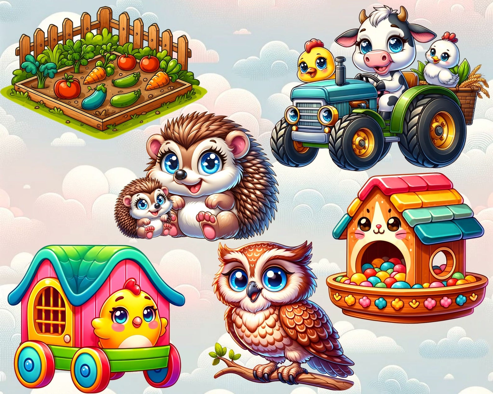 36 Digital Cartoon Farm Animals PNG, Clipart Bundle, Nursery Decor ...