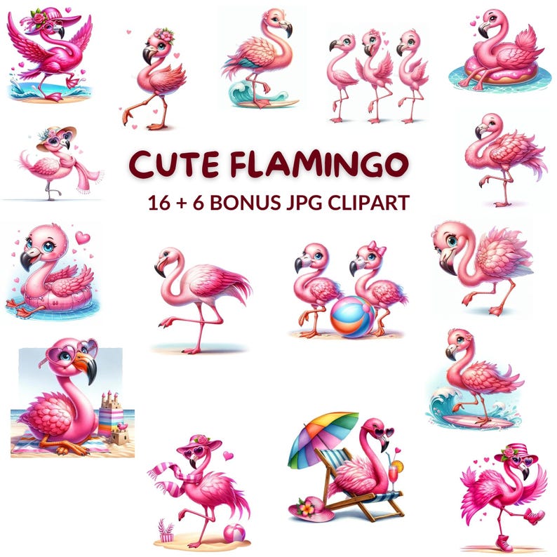 Cute Flamingo Clipart Bundle, 16 Watercolor PNG & JPG, Tropical Bird ...