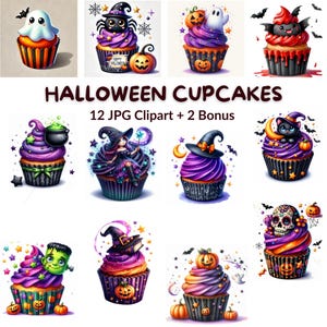 Watercolor Halloween Cupcakes Clipart: Spooky Cartoon Treats (PNG & JPG ...