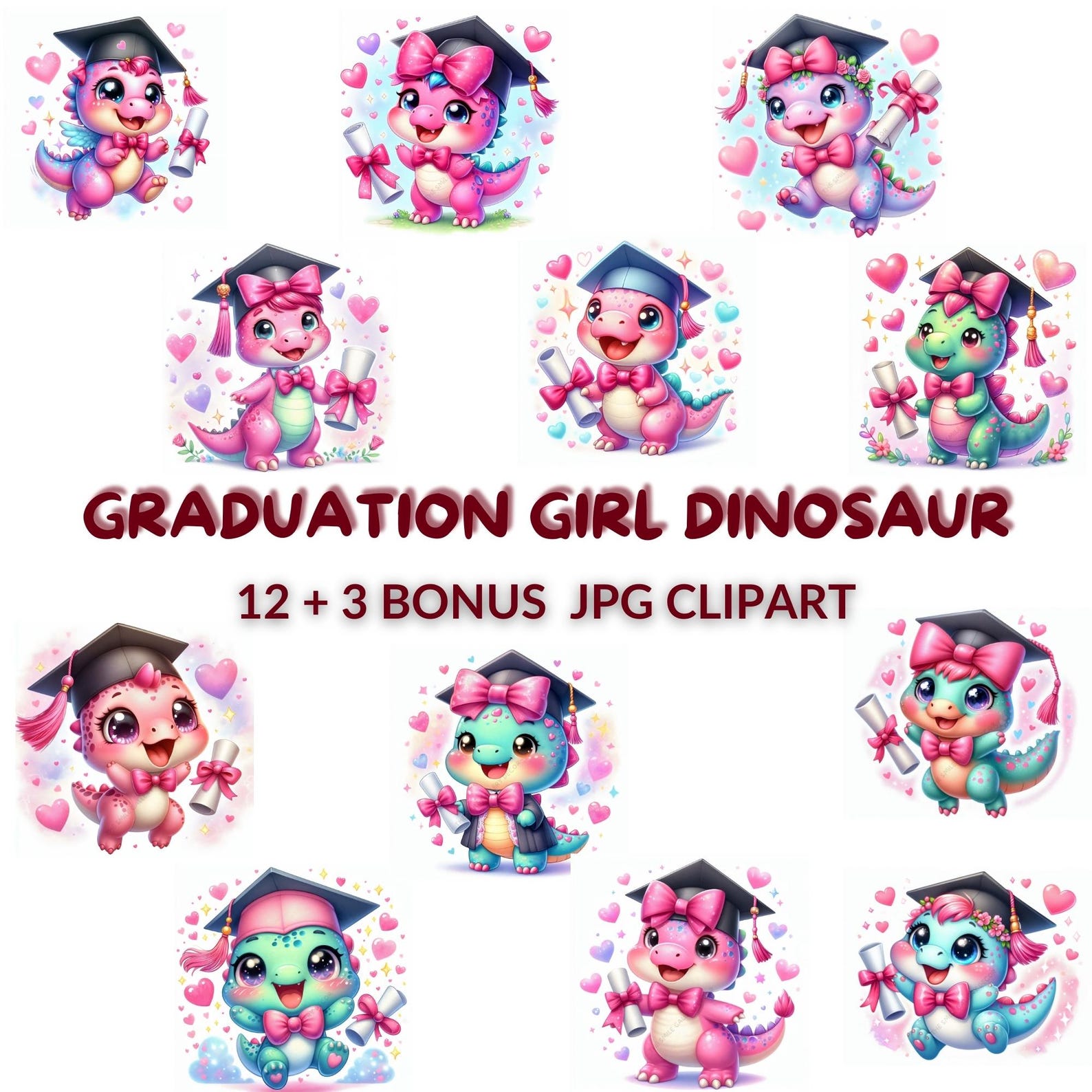 Graduation Girl Dinosaur Clipart Bundle, 12 Watercolor Cartoon PNG JPG ...
