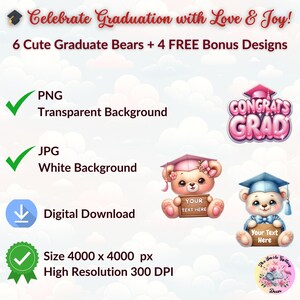 Graduation Bear Clipart Bundle, 6 Watercolor Cartoon PNG JPG, Graduate ...
