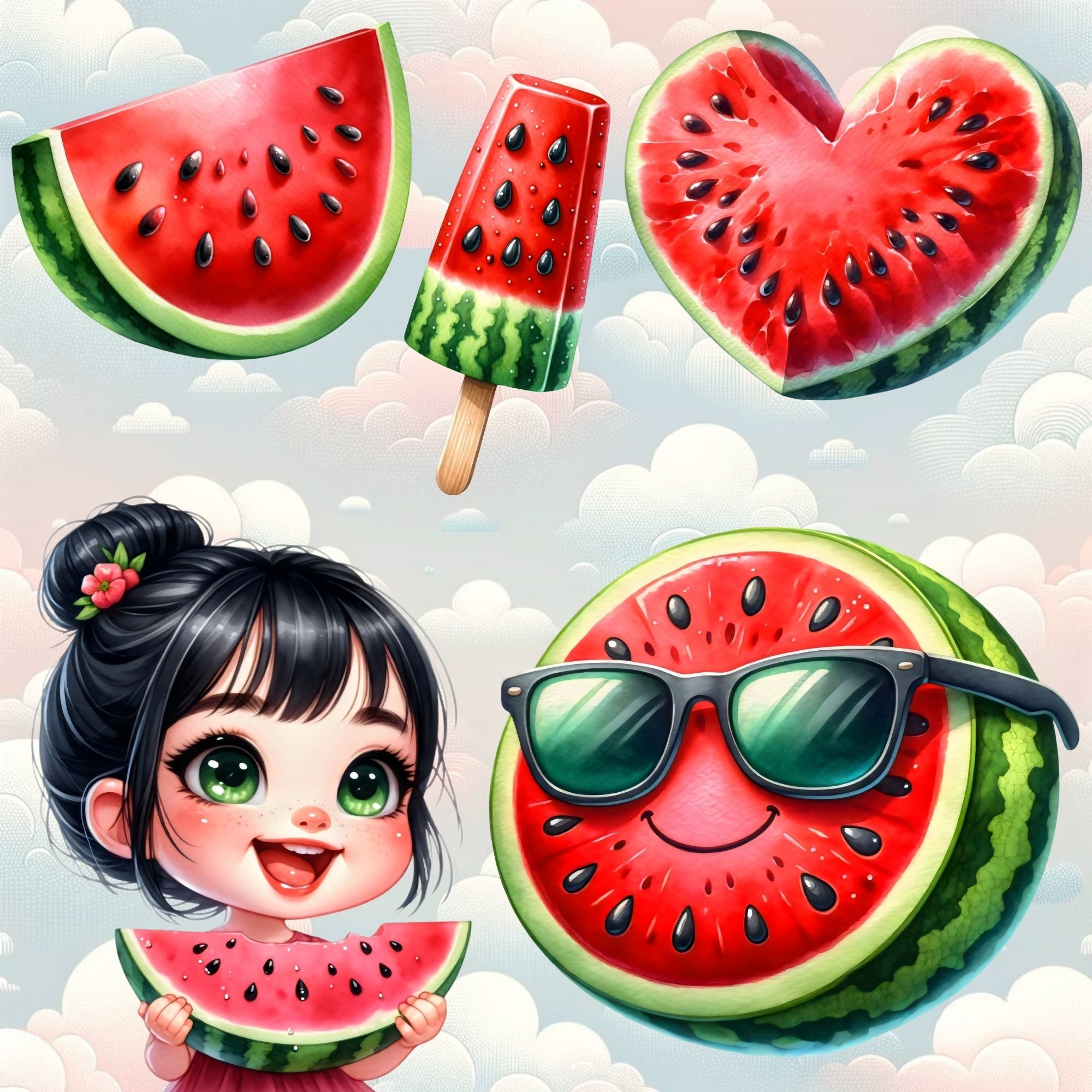 14 Watercolor Watermelon PNG Clipart Bundle, Watermelon Slice With ...