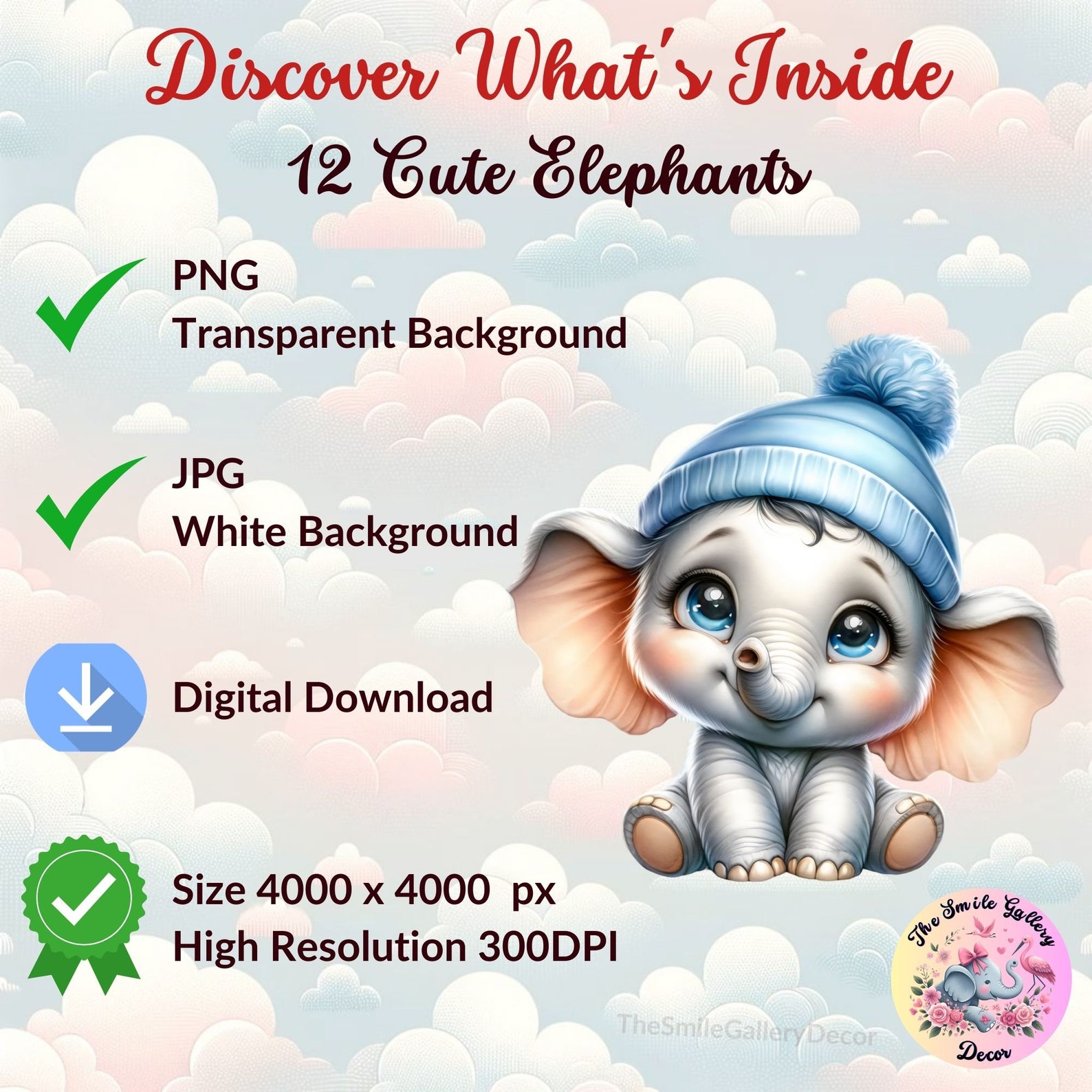12 Watercolor Elephant Clipart Bundle, Cute Pink and Blue Elephant PNG ...