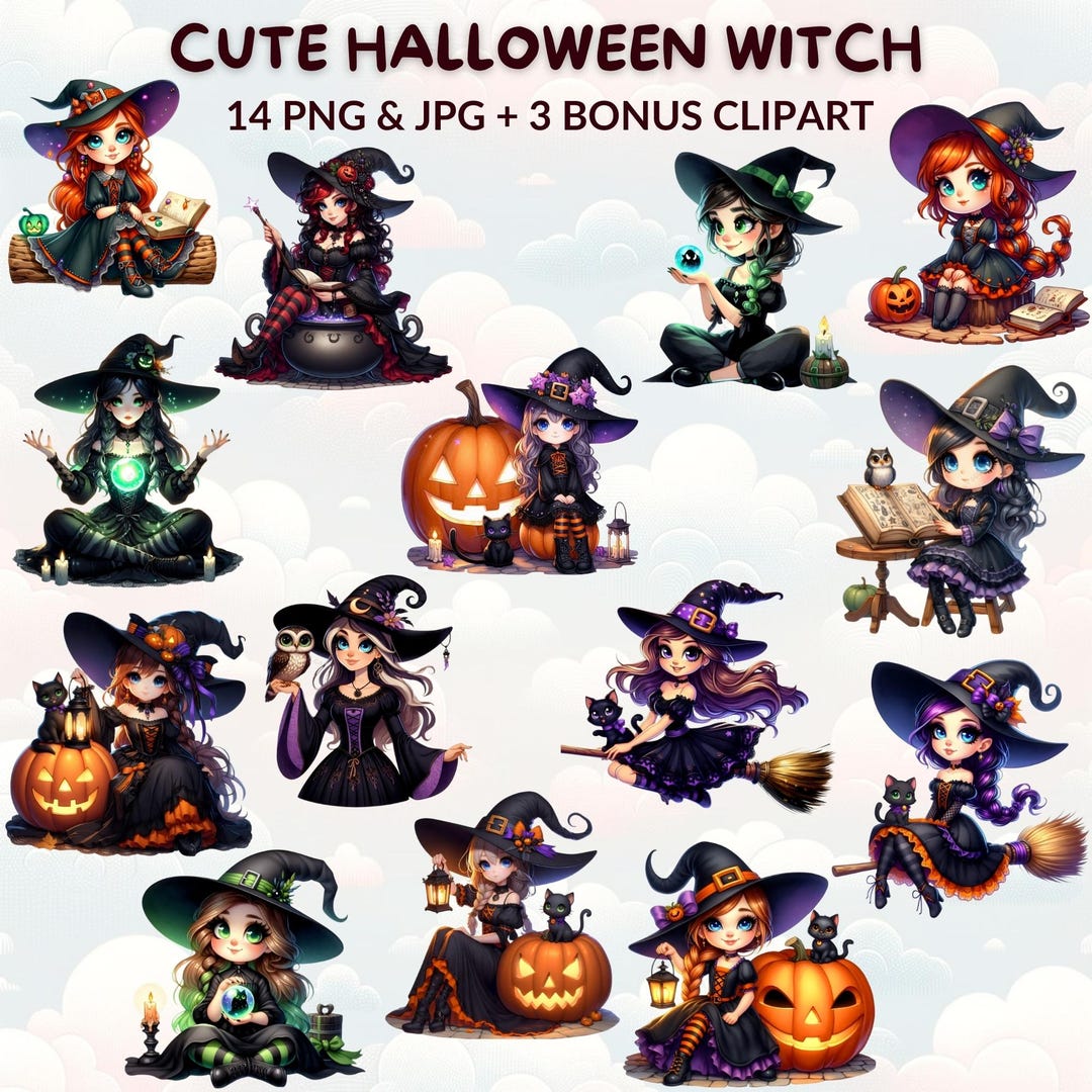 14 Watercolor Cute Halloween Witch Clipart Bundle, Witch PNG & JPG ...