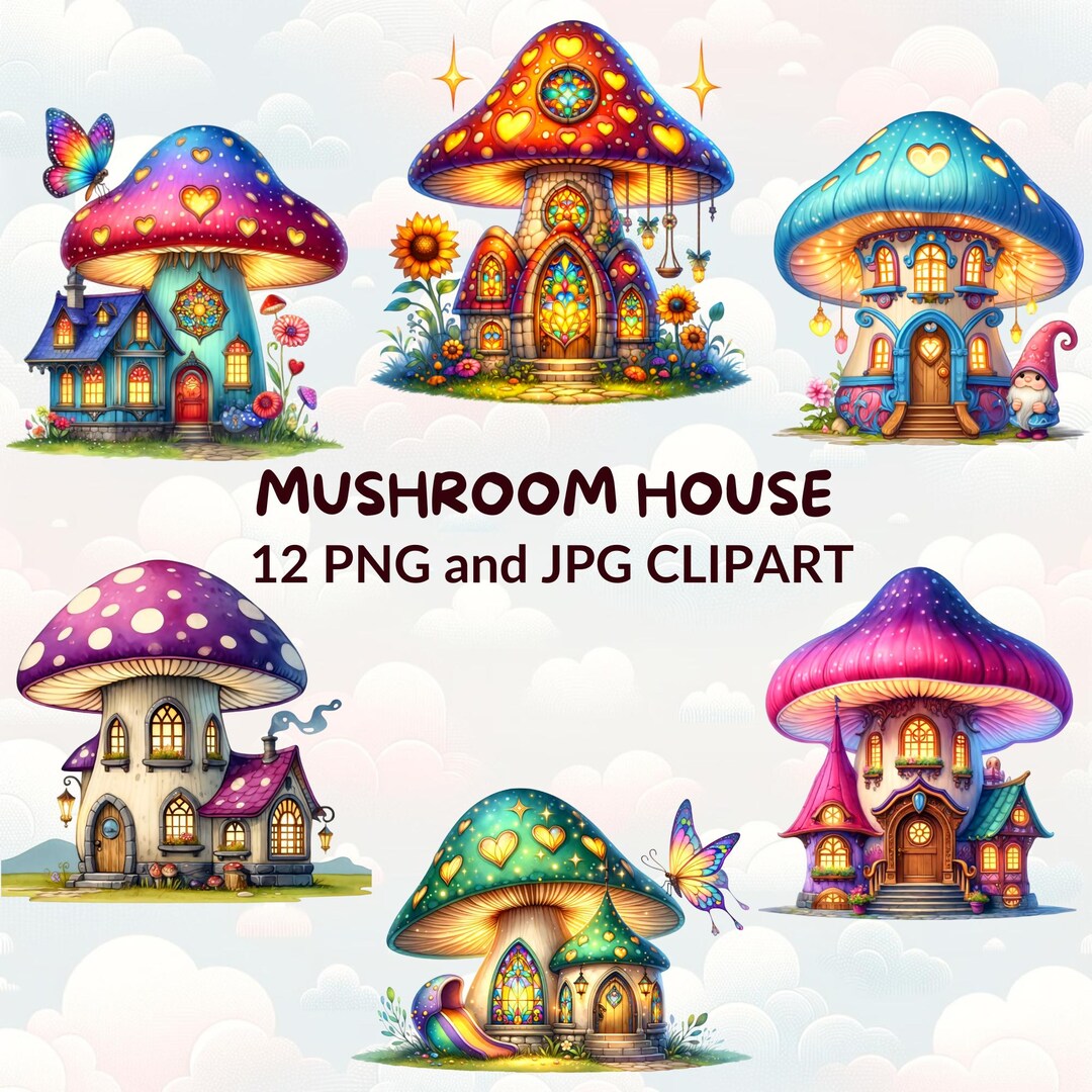 Watercolor Mushroom House Clipart: Gnome Nursery Decor (PNG & JPG) - Etsy