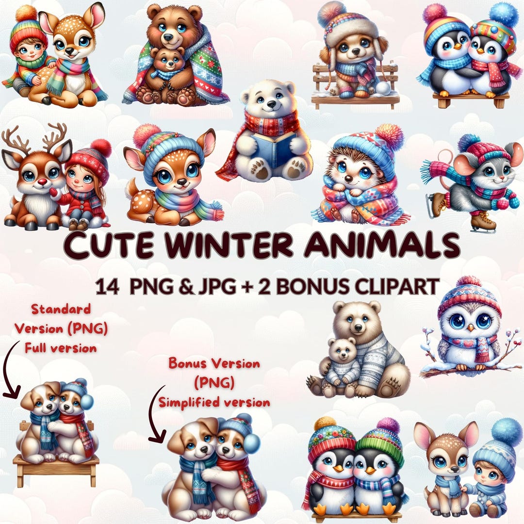 Winter Animals Clipart Bundle, 14 Cute PNG & JPG Watercolor Cartoon ...