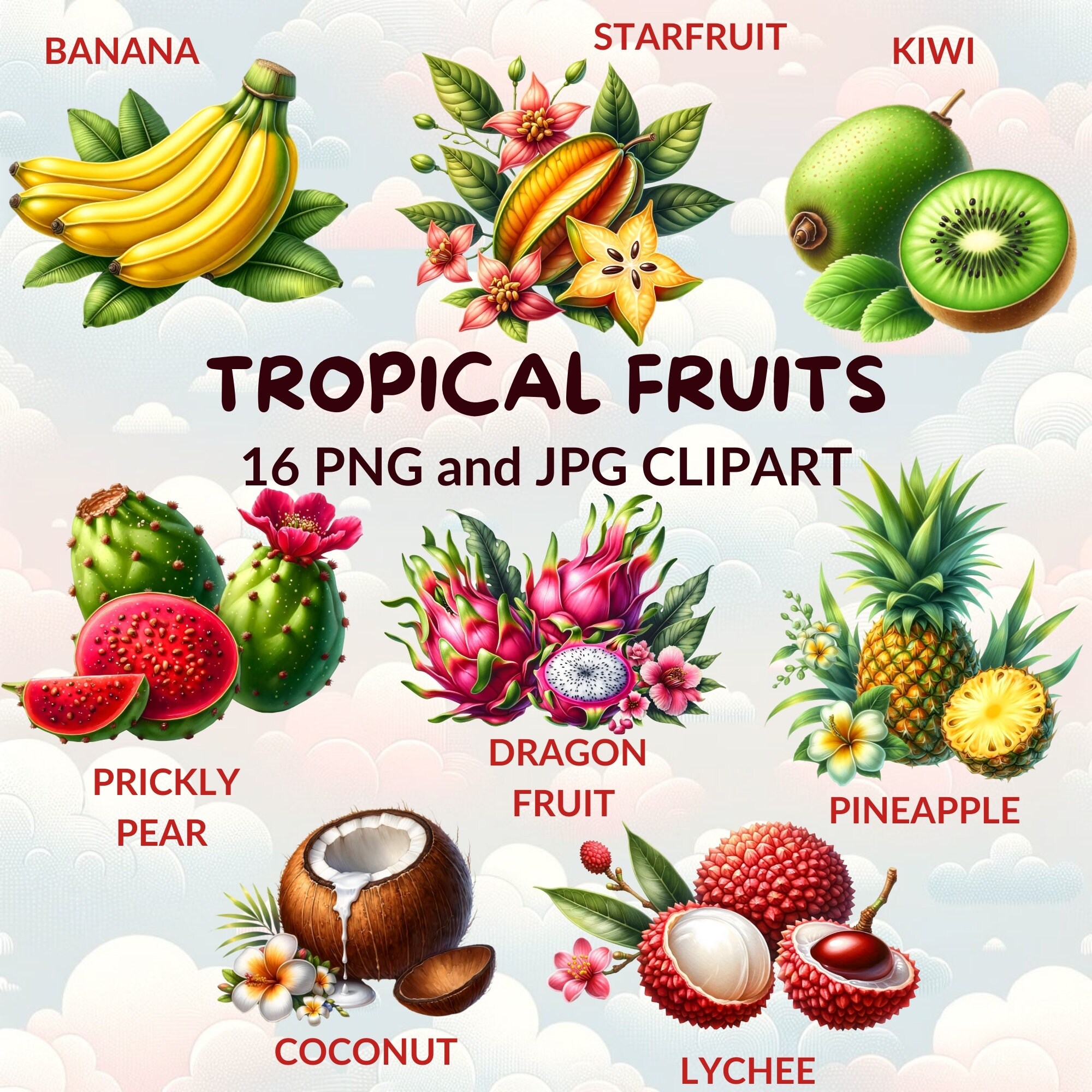 Watercolor Tropical Fruits Clipart Bundle, 16 PNG and JPG Files, Exotic ...