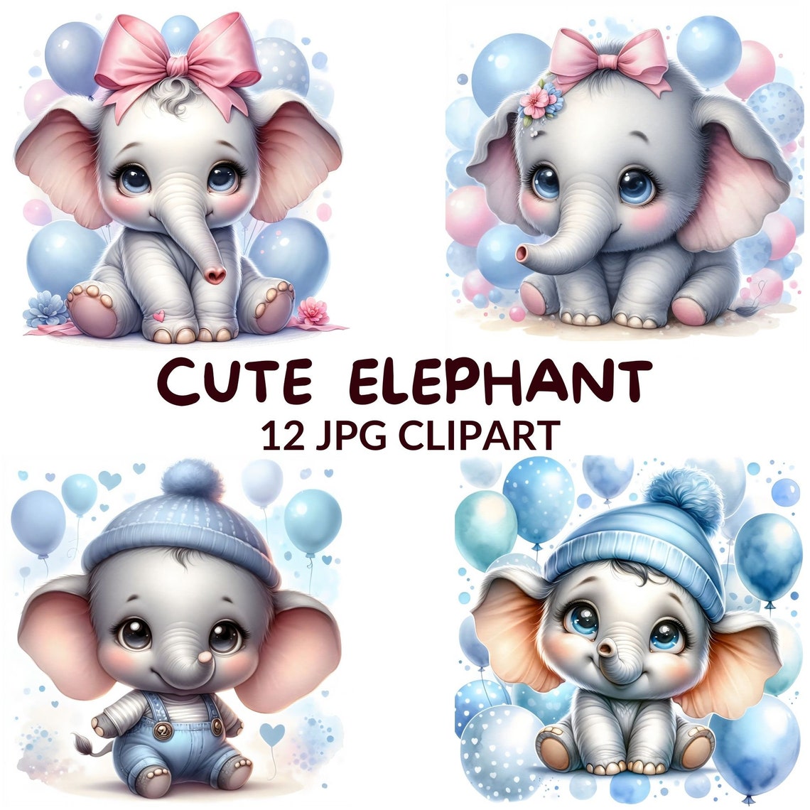 12 Watercolor Elephant Clipart Bundle, Cute Pink and Blue Elephant PNG ...