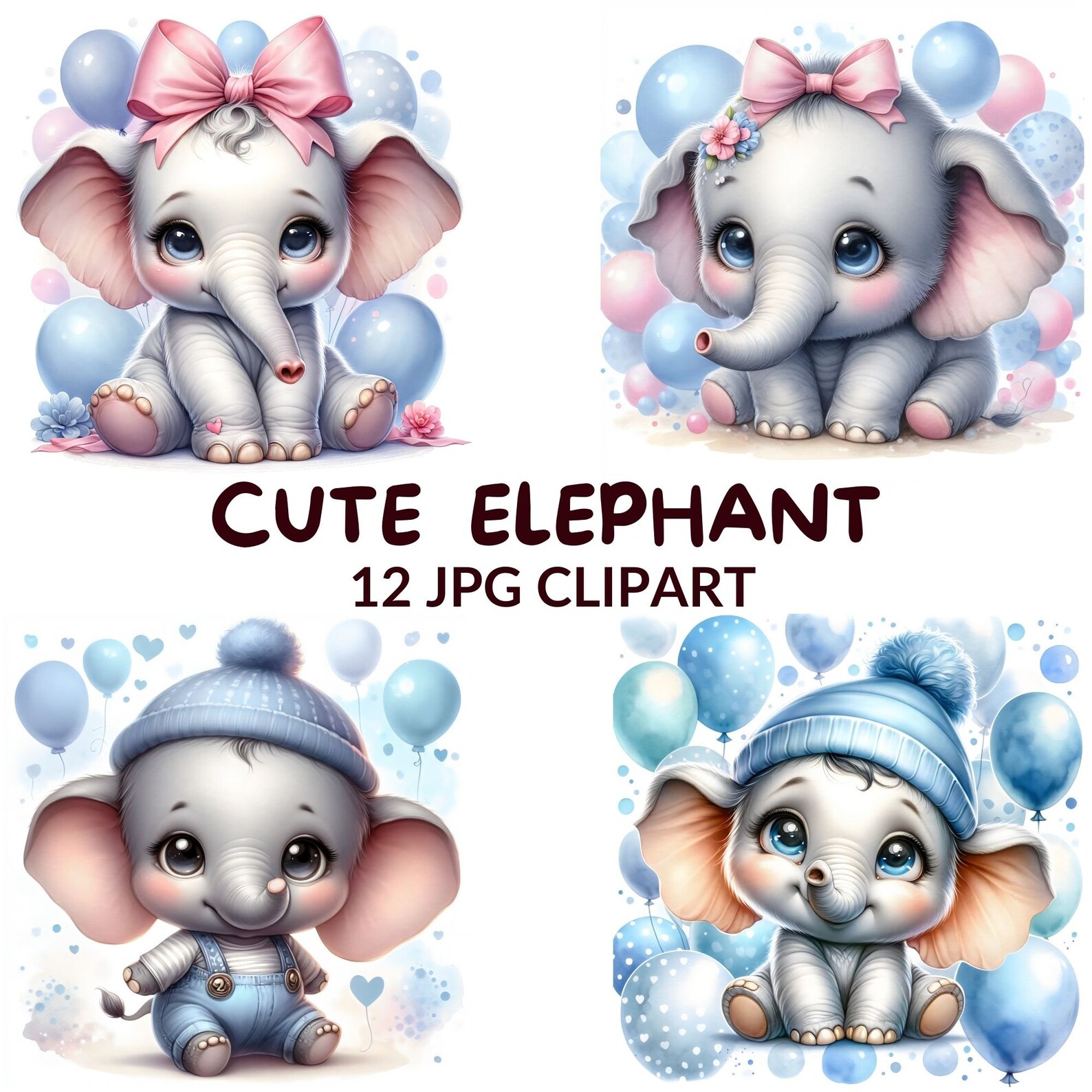 12 Watercolor Elephant Clipart Bundle, Cute Pink and Blue Elephant PNG ...