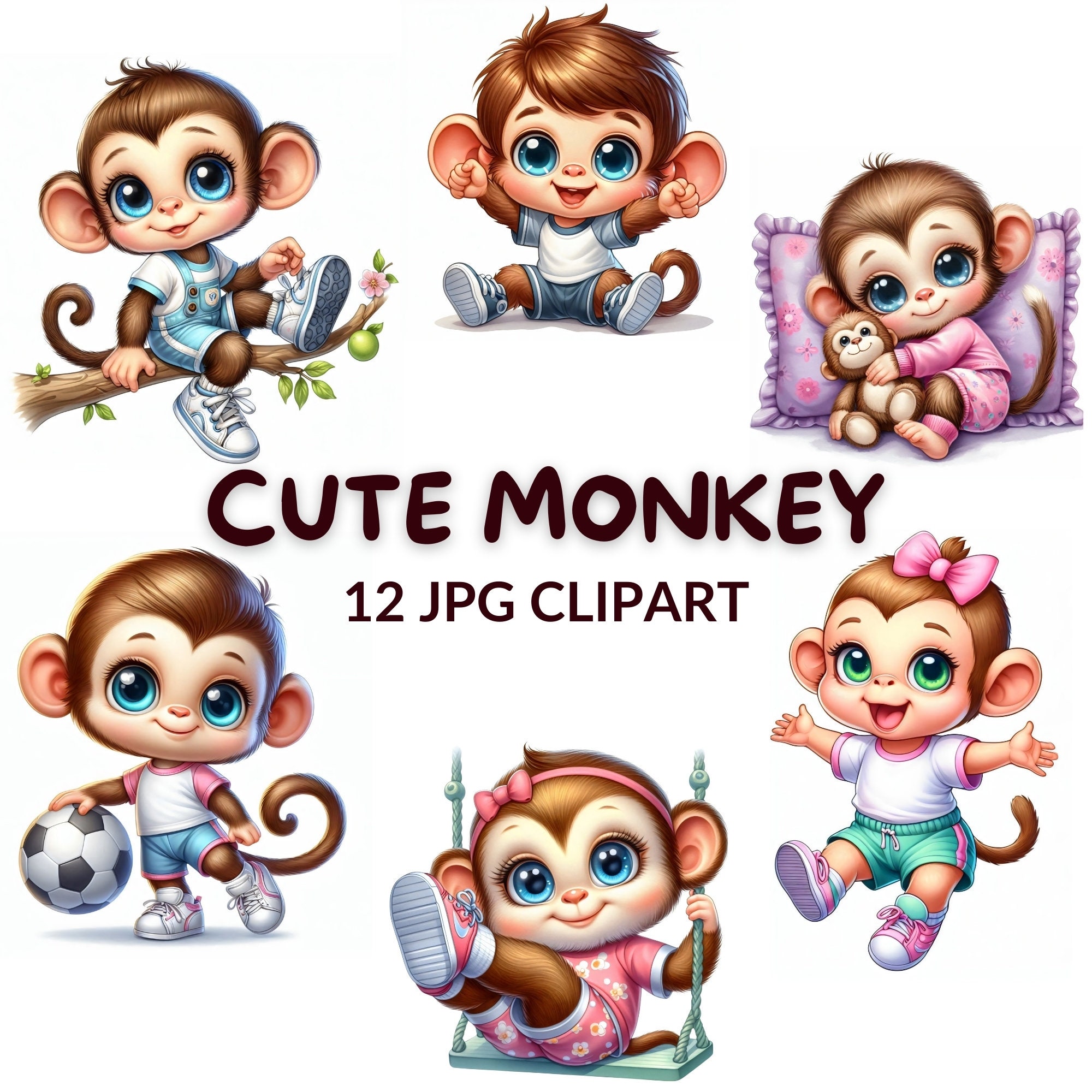 12 Cute Monkey PNG, Watercolor Clipart Bundle, Monkey JPG, Zoo Animals ...
