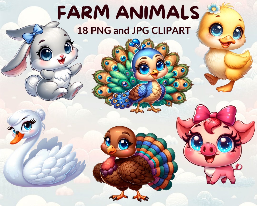 18 Digital Cartoon Farm Animals PNG, Clipart Bundle, Nursery Decor ...