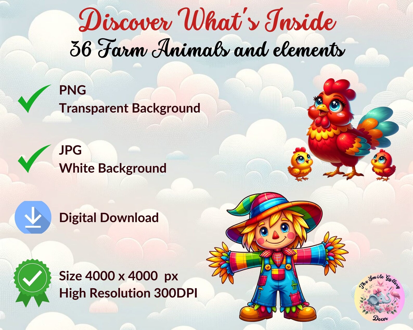 36 Digital Cartoon Farm Animals PNG, Clipart Bundle, Nursery Decor ...