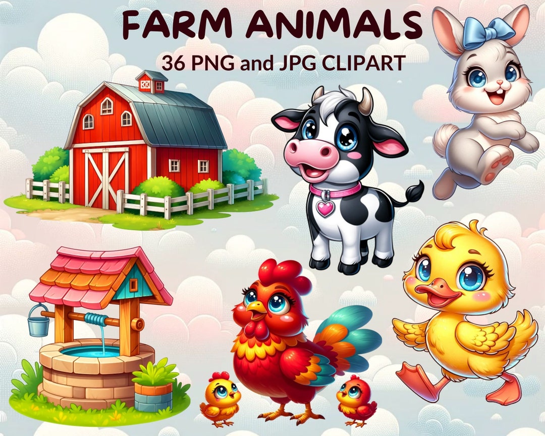 36 Digital Cartoon Farm Animals PNG, Clipart Bundle, Nursery Decor ...