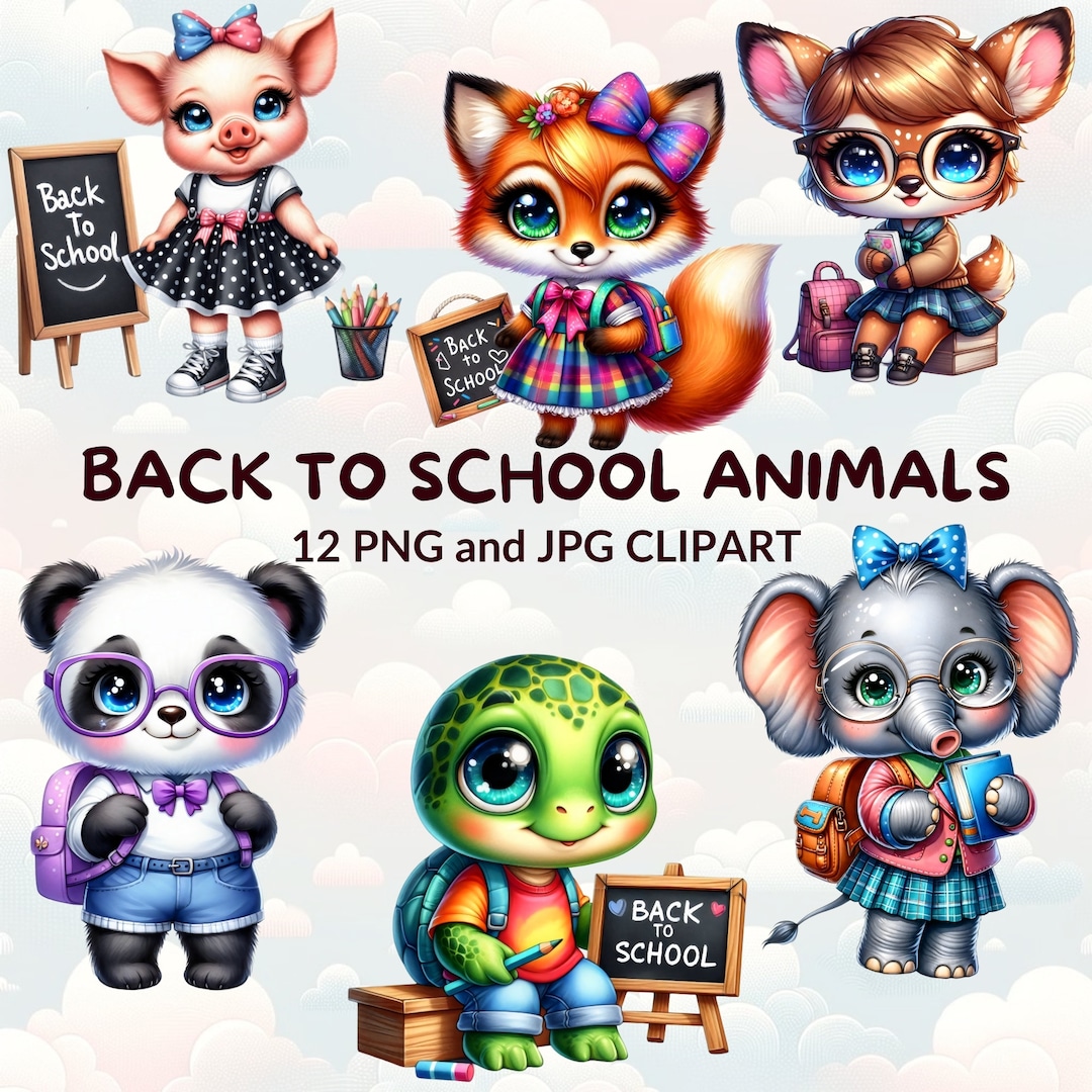 12 Watercolor Cartoon Back to School Animals Clipart Bundle, Cute ...