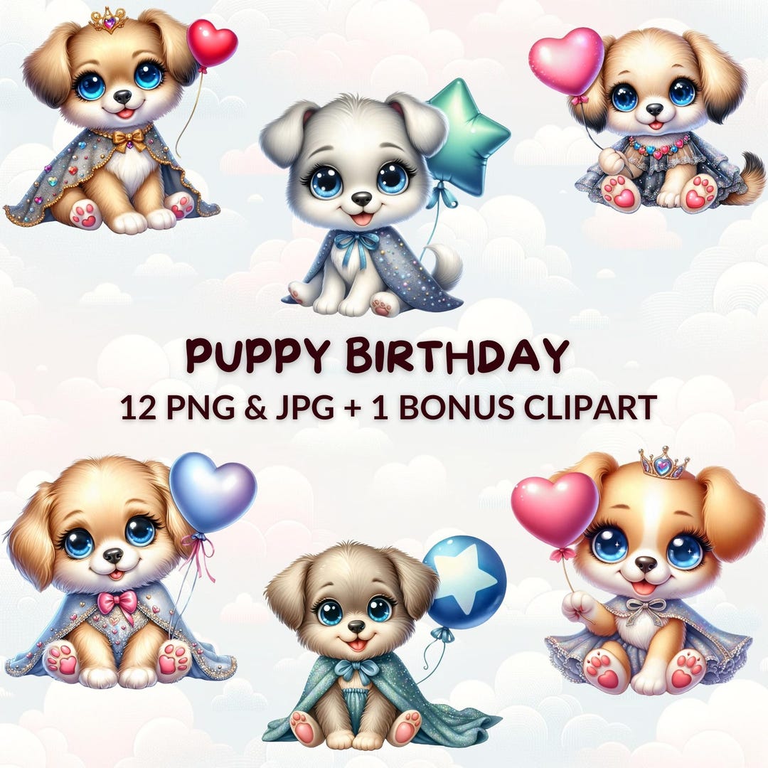 Puppy Birthday Balloons Clipart, 12 Watercolor Cartoon Dogs, PNG & JPG ...