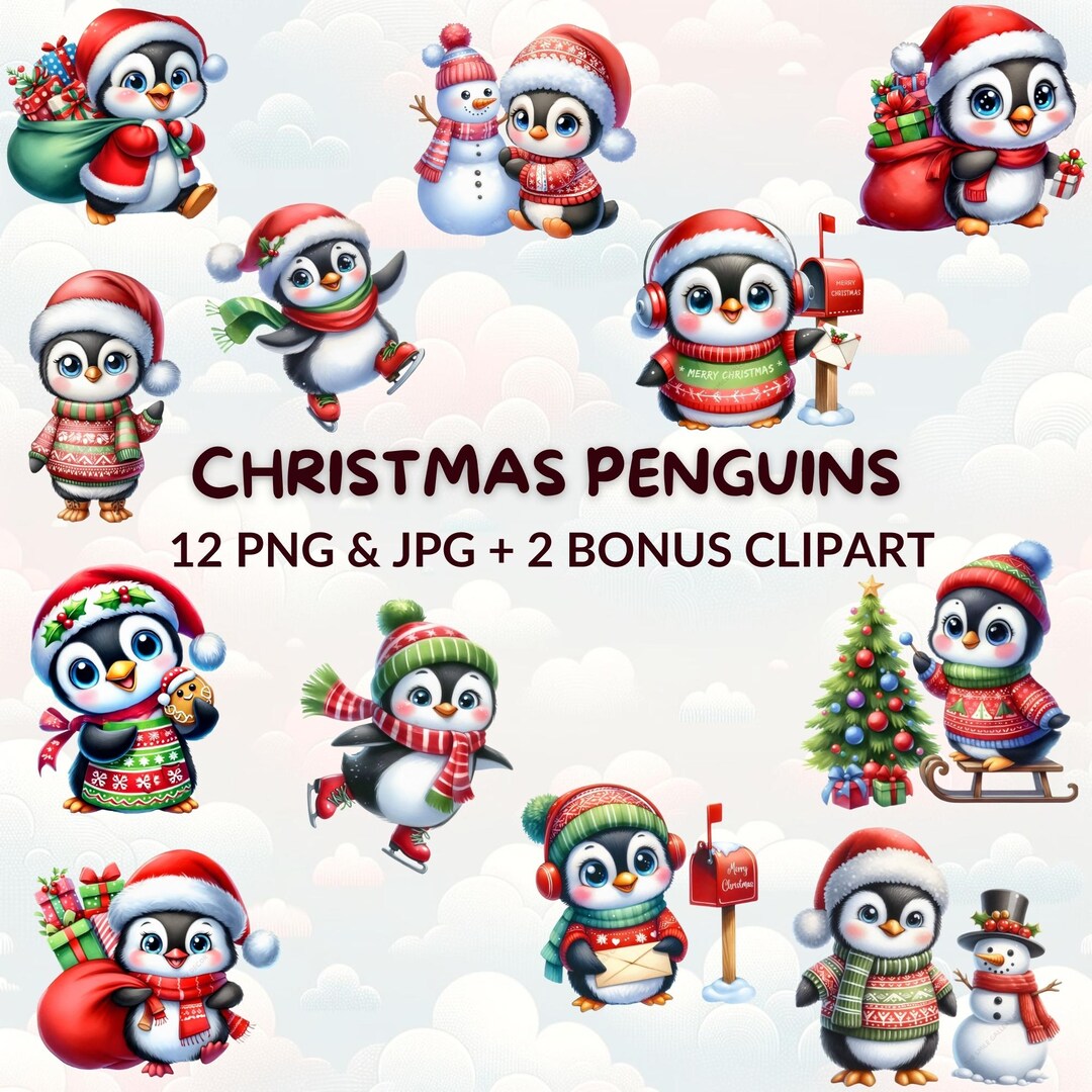 12 Christmas Penguin Clipart Bundle, Watercolor Xmas Animals PNG JPG ...