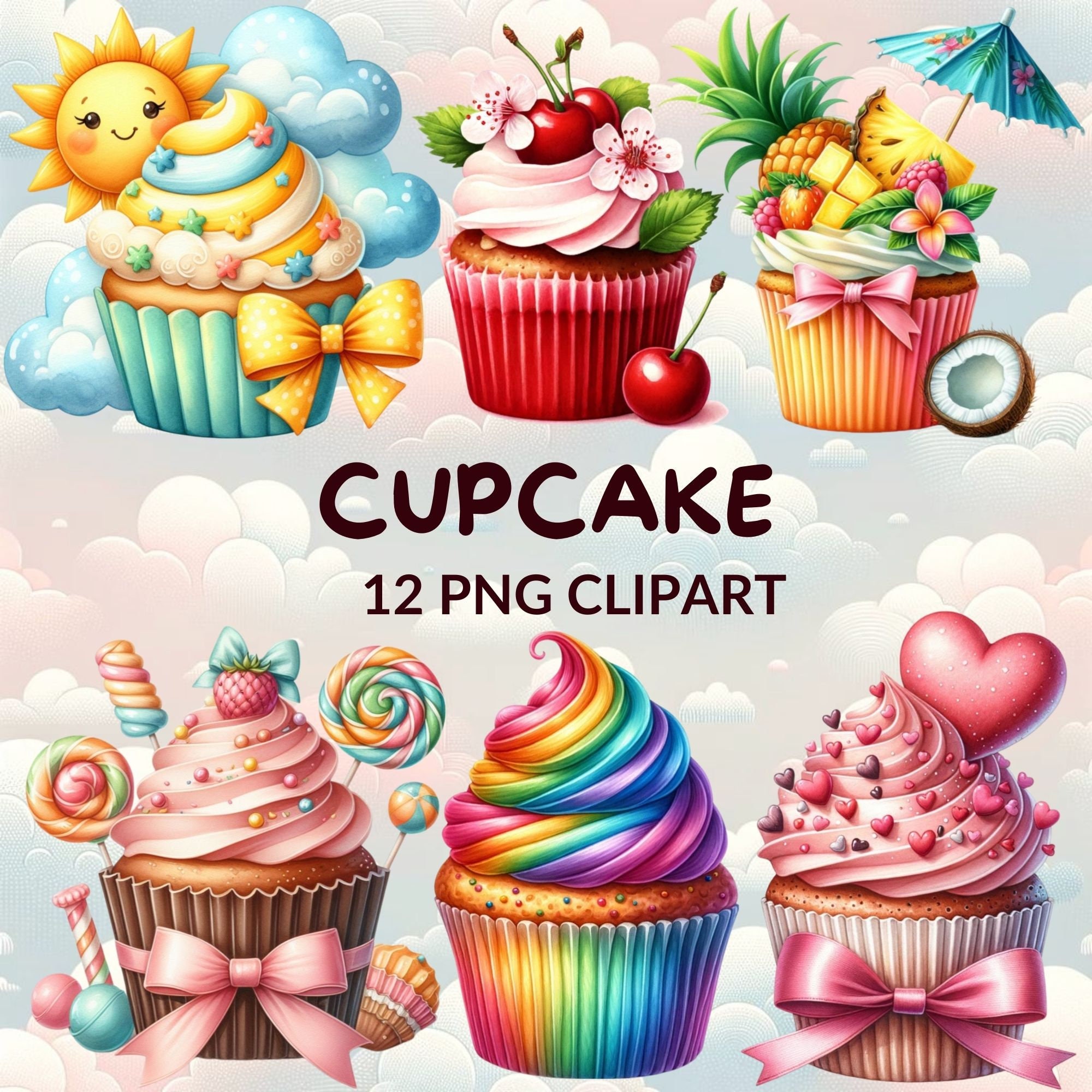 Watercolor Cupcake Clipart Bundle, Cute Dessert PNG, Tropical Sweets ...