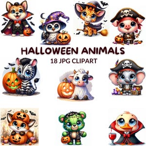 18 Watercolor Cartoon Halloween Animals Bundle Clipart, Cute Halloween ...