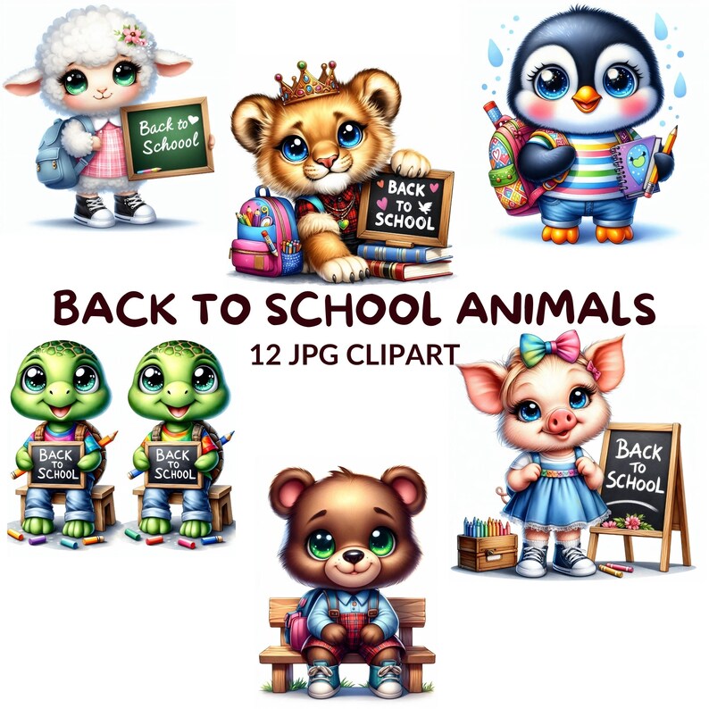 12 Watercolor Cartoon Back to School Animals Clipart Bundle, Cute ...