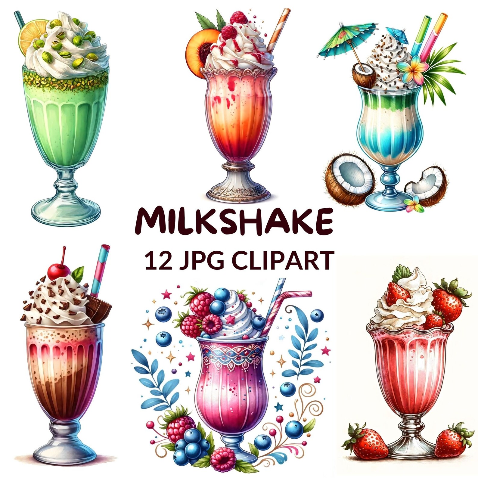 12 Watercolor Milkshake Clipart Bundle, Milkshake PNG, JPG File ...