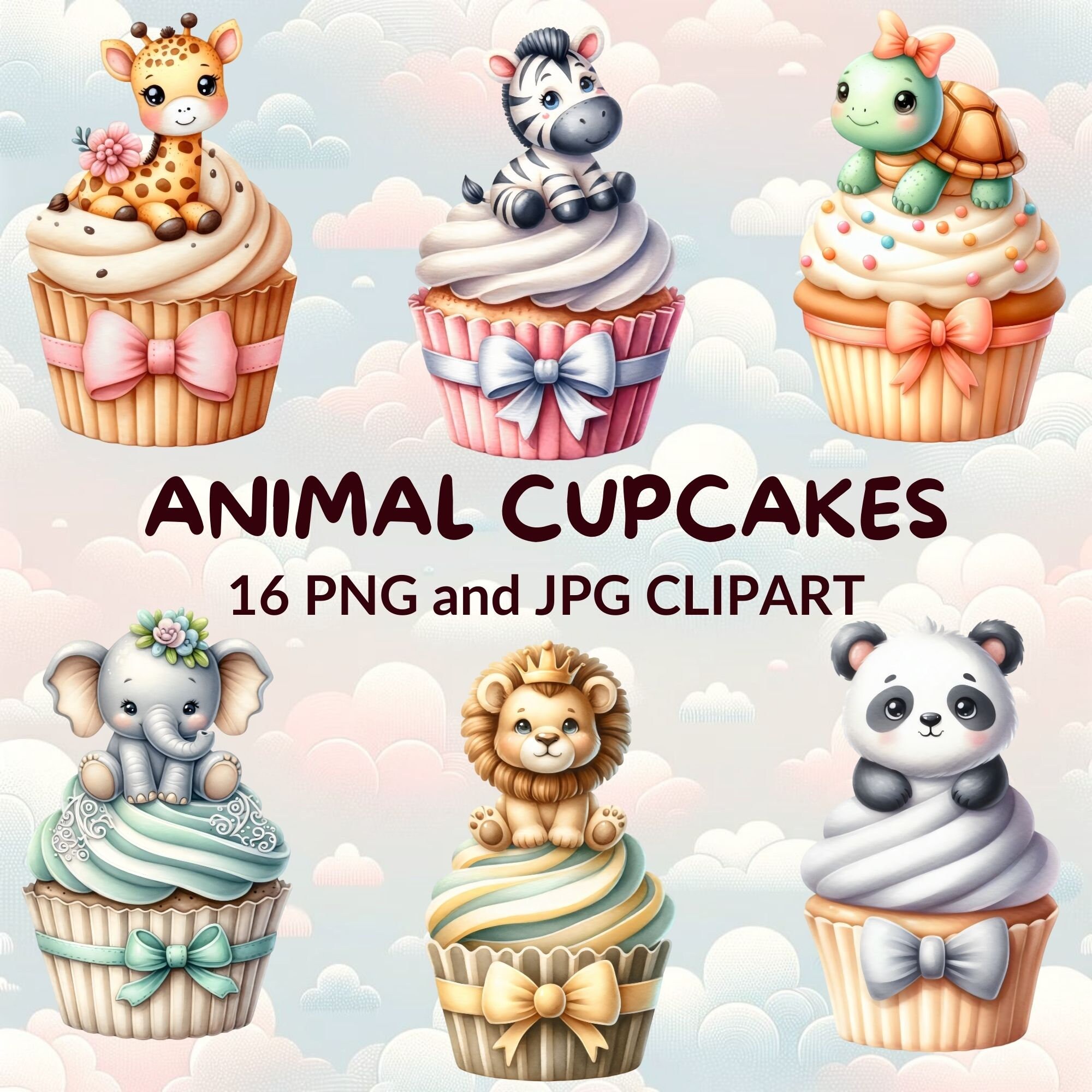 16 Watercolor Animal Cupcake Clipart Bundle, Cute Dessert PNG, Jungle ...