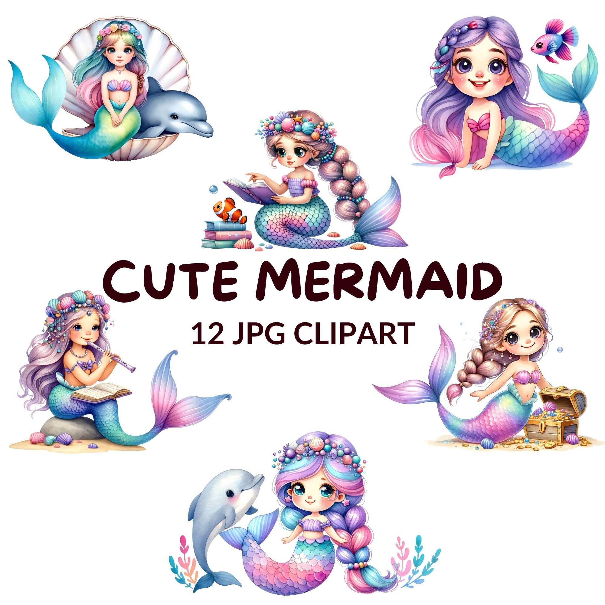 Watercolor Mermaid Clipart Bundle - 12 Cute PNG/JPG Files, Ocean Magic ...