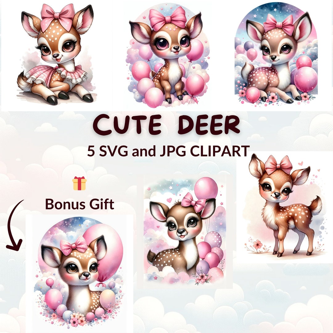 6 Watercolor Cartoon Deer SVG & JPG, Cute Deer Clipart Bundle, Birthday ...