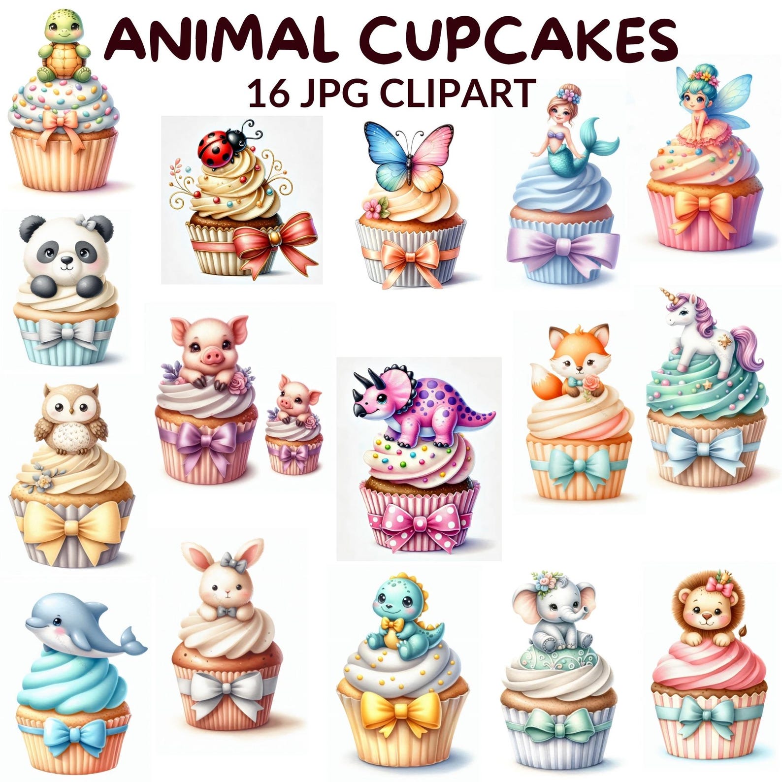 16 Watercolor Animal Cupcake Clipart Bundle, Cute Cupcake PNG & JPG ...