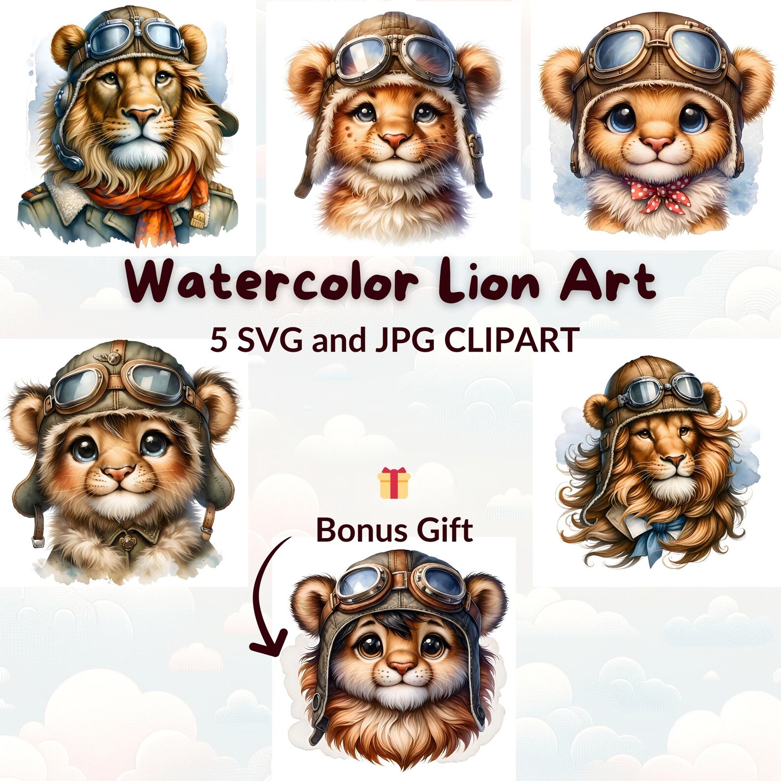 Watercolor Pilot Lion Clipart, 5 Lion SVG & JPG Bundle, Safari Animals ...