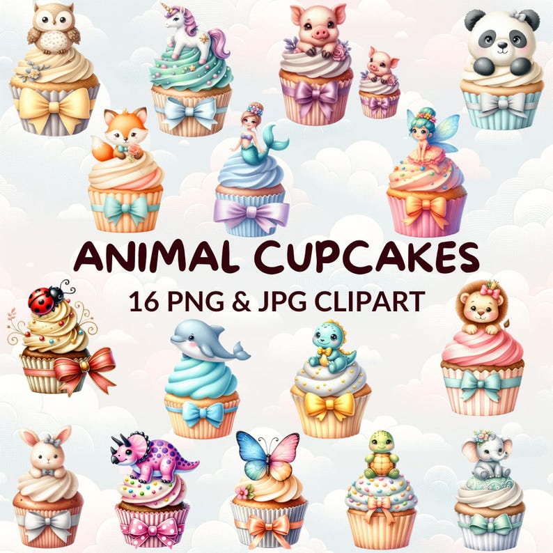 16 Watercolor Animal Cupcake Clipart Bundle, Cute Cupcake PNG & JPG ...